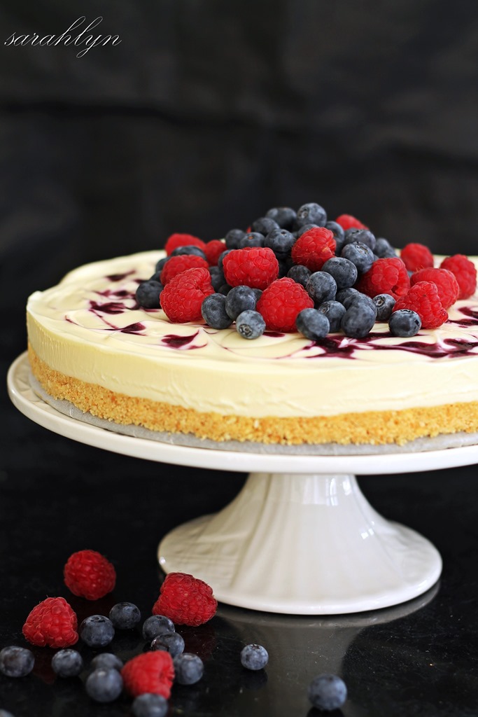 No-Bake Berry Swirl Cheesecake with Blueberry Coulis | Sarahlyn's Kitchen